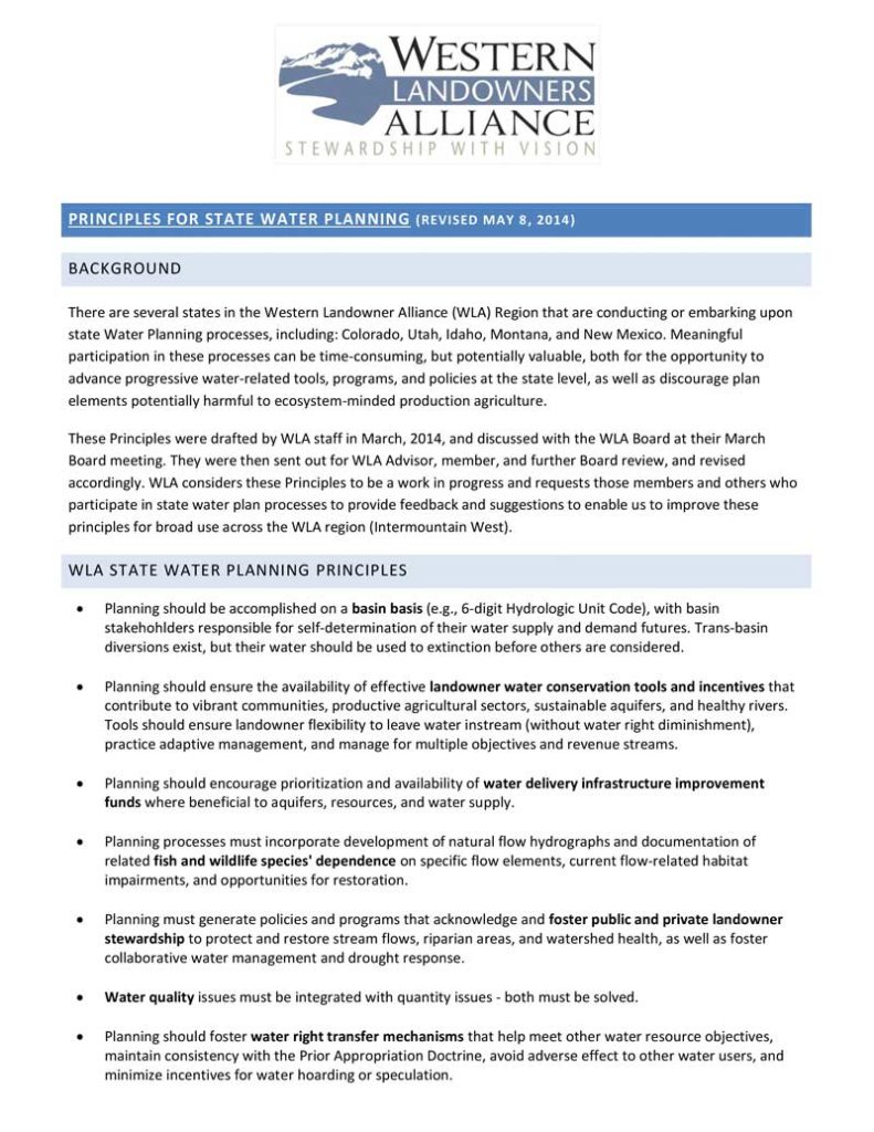 Principles for State Water Planning – Western Landowners Alliance